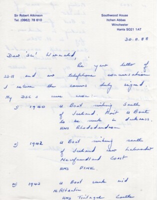 WW2 Battle of the Atlantic U-Boat sinking captain hand written & signed ...