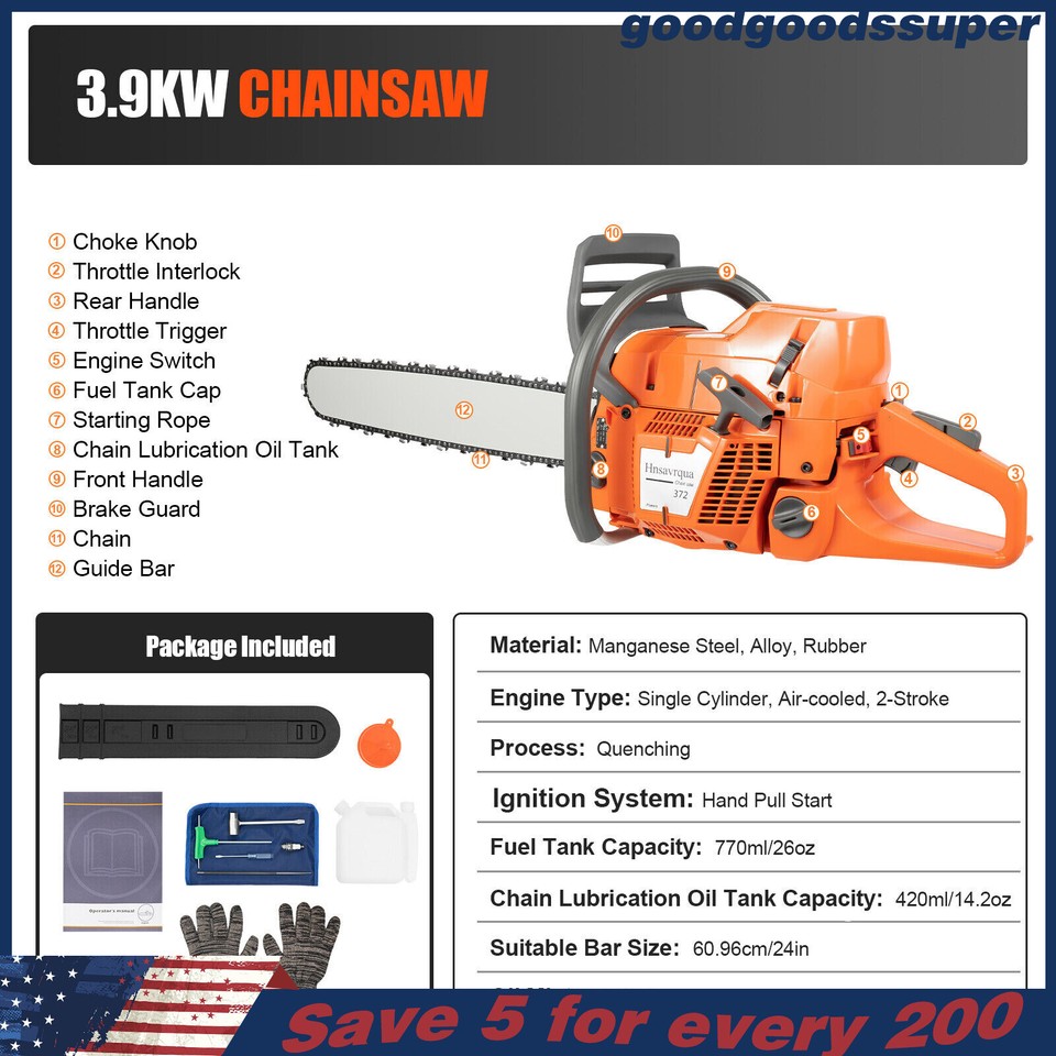 24 Inch Gasoline Chainsaw Cutting Wood Gas Sawing Crankcase Chain Saw ...