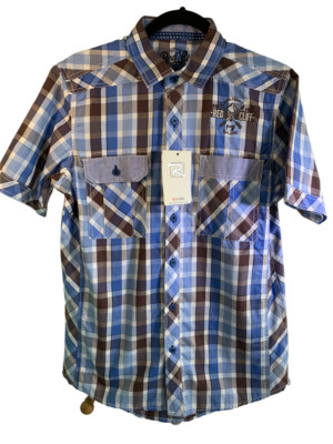 Red Cliff Short Sleeve Men's Blue Brown White Checked Button Up Shirt ...