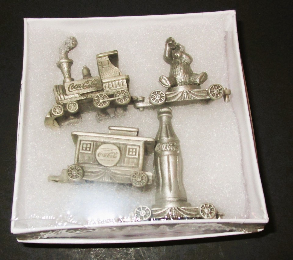 Vtg. Coca Cola Miniature Pewter Train 4 Piece Set Engine Caboose Bear ...