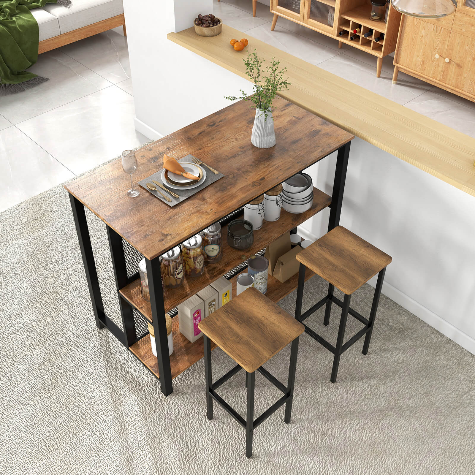 36" Tall 3-Tier Bar Table with Storage Metal Frame Adjustable Foot Pads Brown | eBay