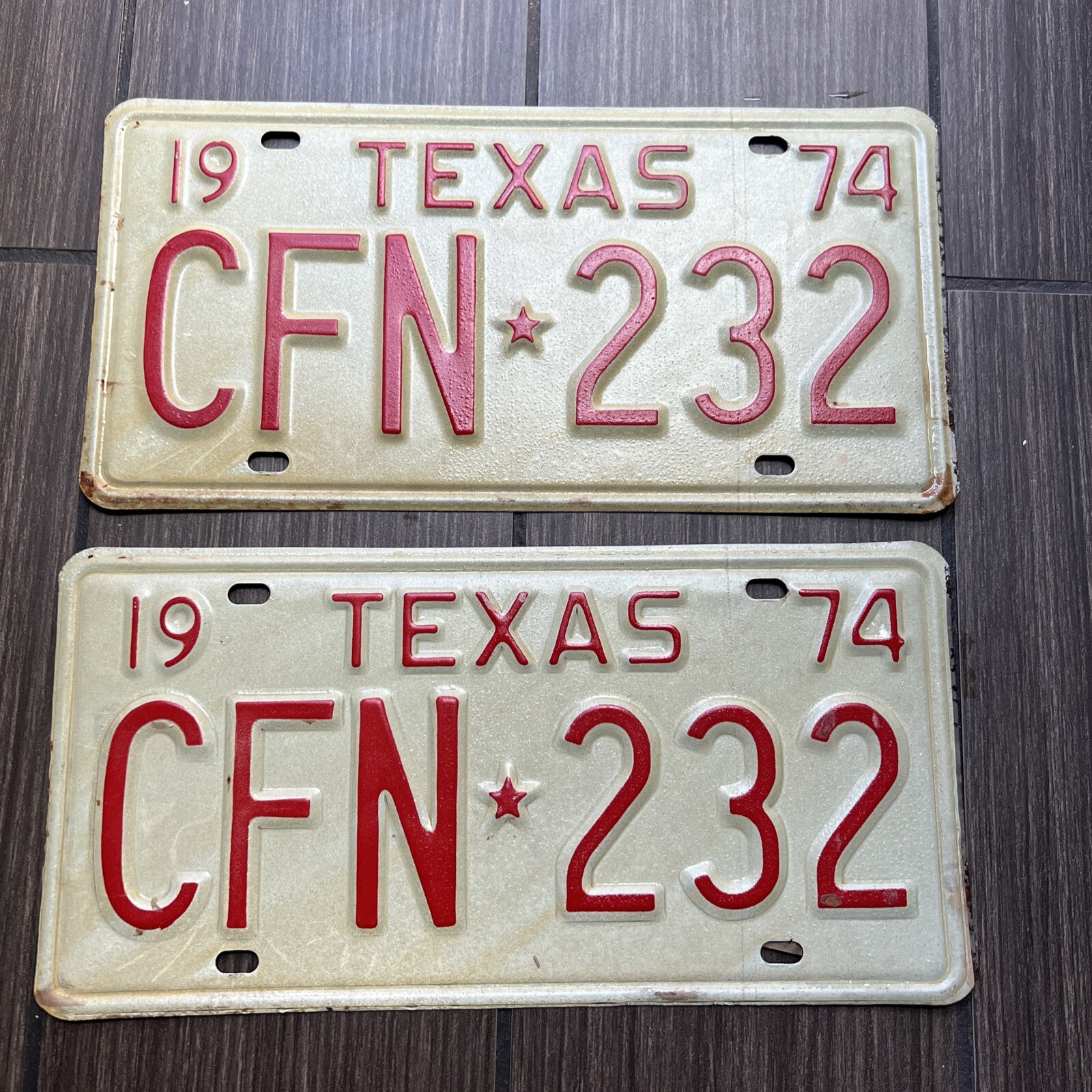 2 Vintage 1974 Matching Pair Texas License Plates Red CFN 232 | eBay