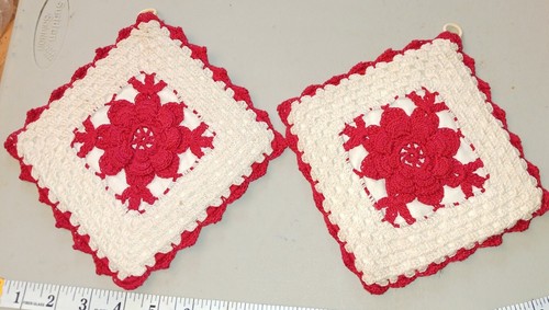 Vintage hand crocheted, red & white, doily, hot pads, very pretty ...