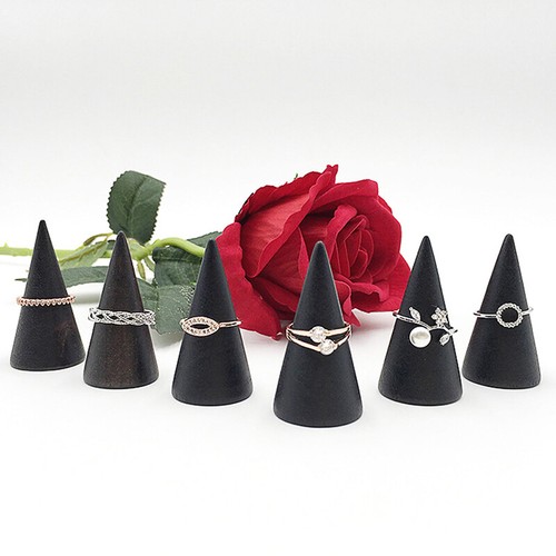 Vintage Black Wooden Ring Holder Display Cone Rack Finger Ring Stand ...