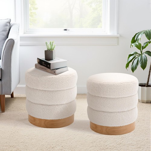 Sherpa Ottoman Footstool, Tufted Modern Foot Rest Stool with Wood Base ...