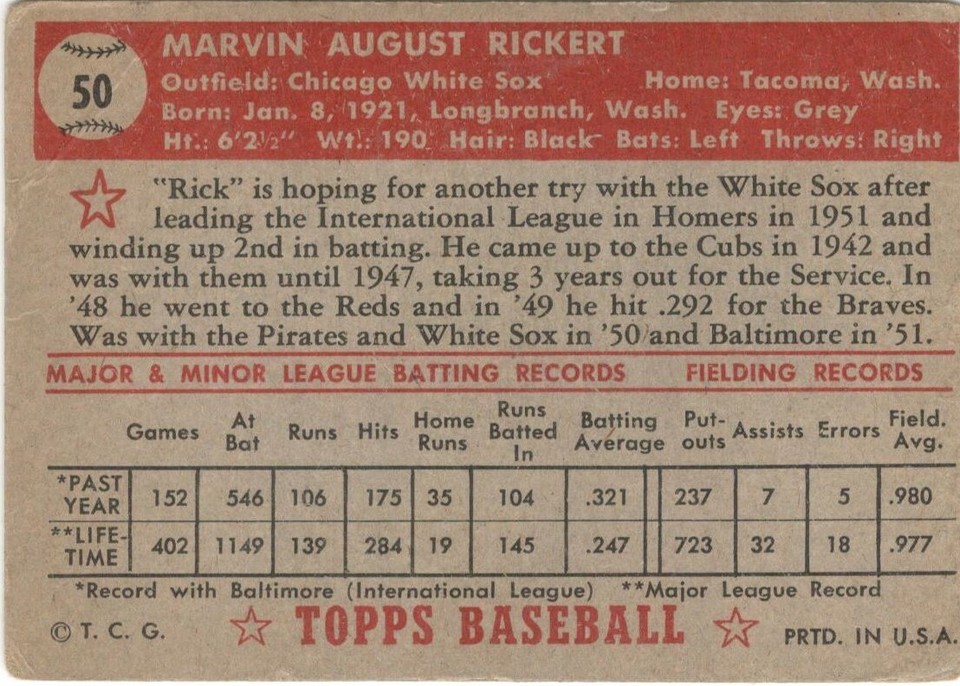 1952 Topps #50 Marv Rickert, Chicago White Sox, Good-VG, Red Back | eBay