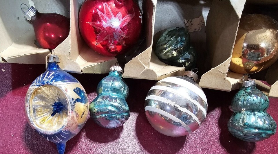 VINTAGE SHINY BRITE BOX Mica Stenciled Indents CHRISTMAS TREE ORNAMENT ...