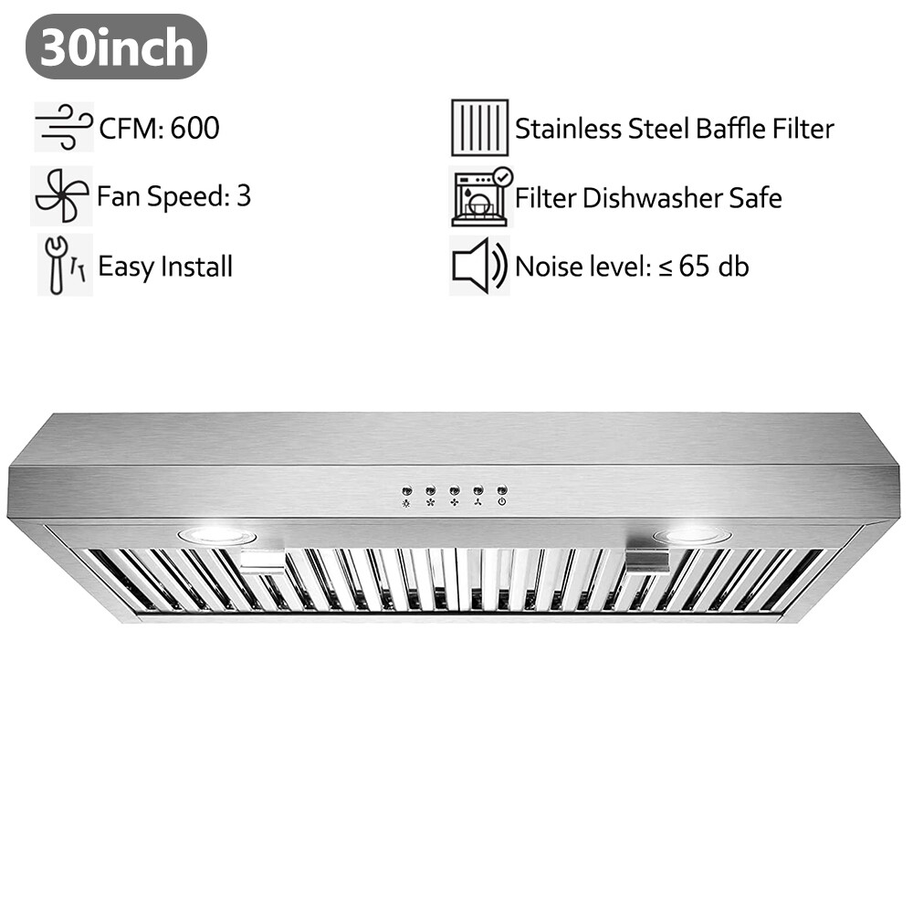 30 in Under Cabinet Range Hood Black/Sliver Cook Fan w/LEDs 600CFM 3 ...
