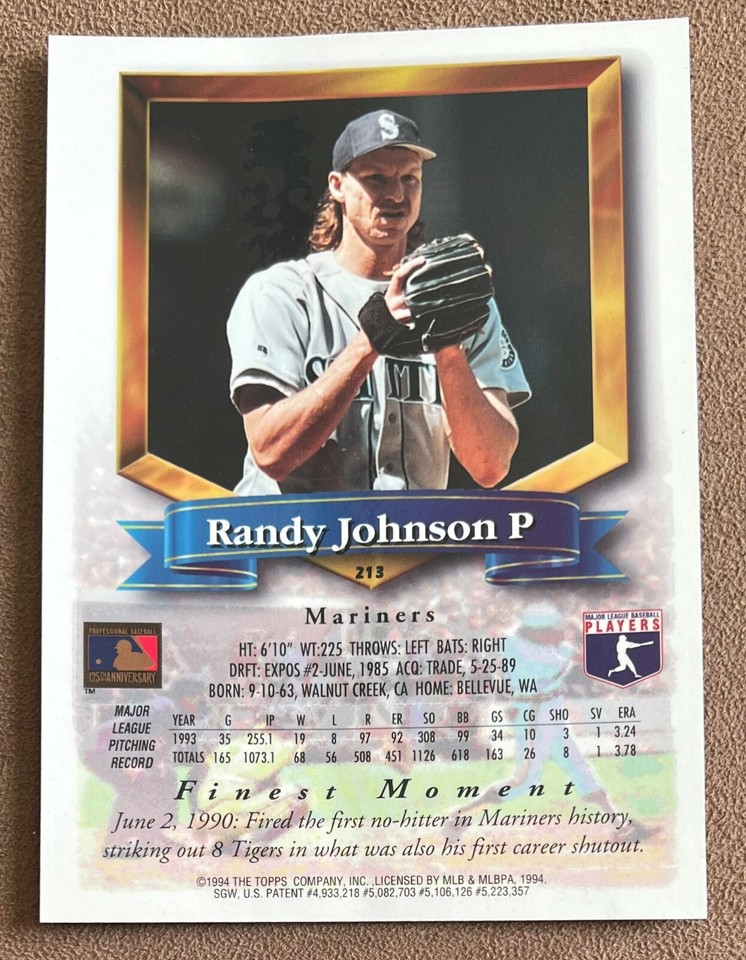 Randy Johnson 1994 Topps Finest Jumbos Oversize #213 Seattle Mariners ...