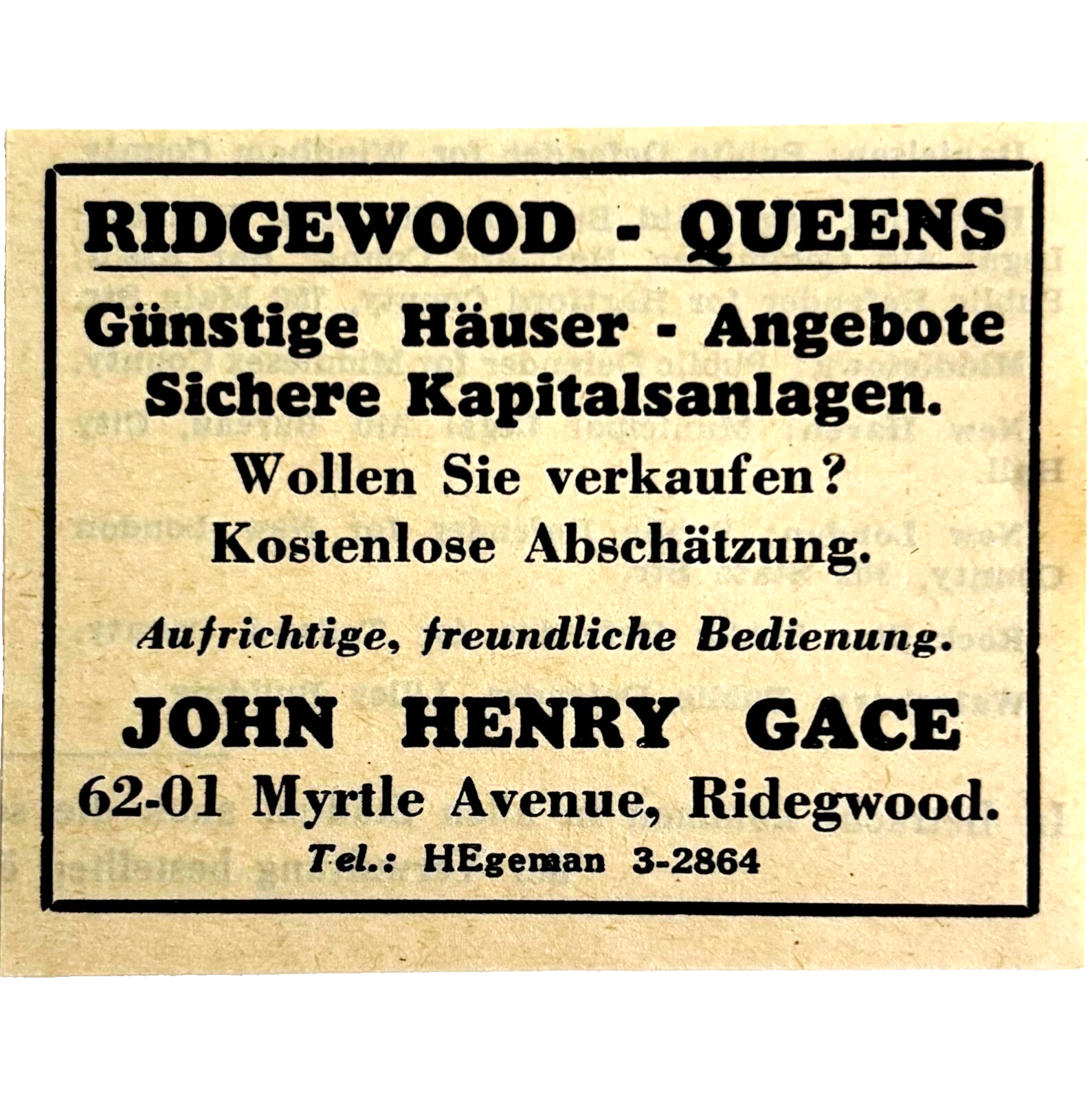 1945 WW2 German-USA Advertisement John Henry Gace Housing Queens NYC ...