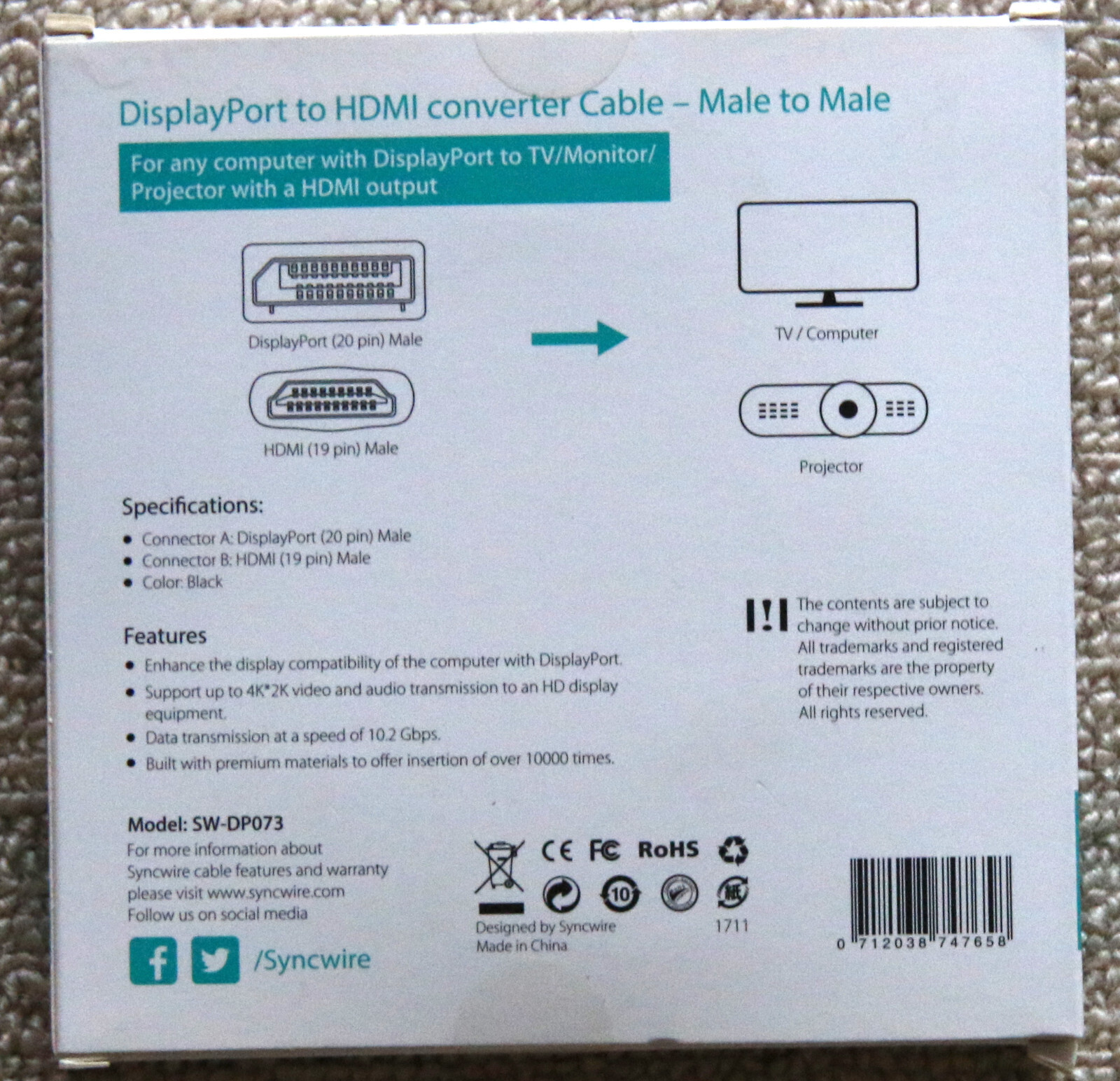 Syncwire Displayport zu HDMI Kabel 2m | eBay