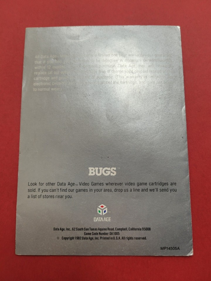 Original 1982 Data Age Bugs video game manual instructions | eBay