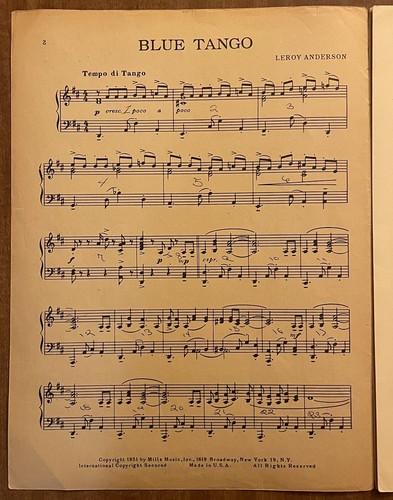 Blue Tango Piano Solo by Leroy Anderson, 1951 Vintage Sheet Music | eBay