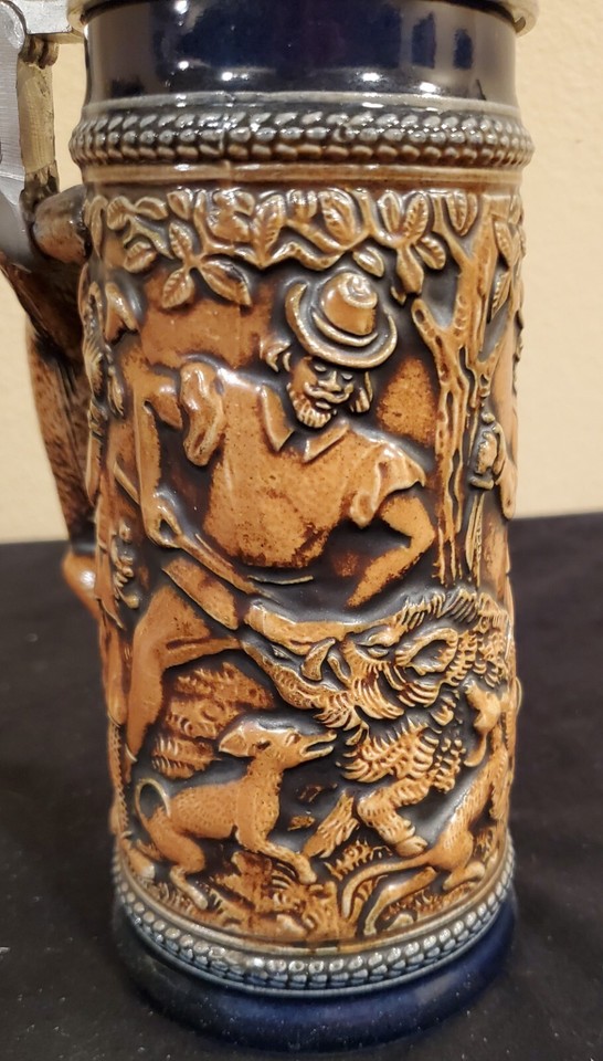 Vintage Gerz W. Germany Fox Handle Lidded Beer Stein Boar Hunt 9 1/2 ...