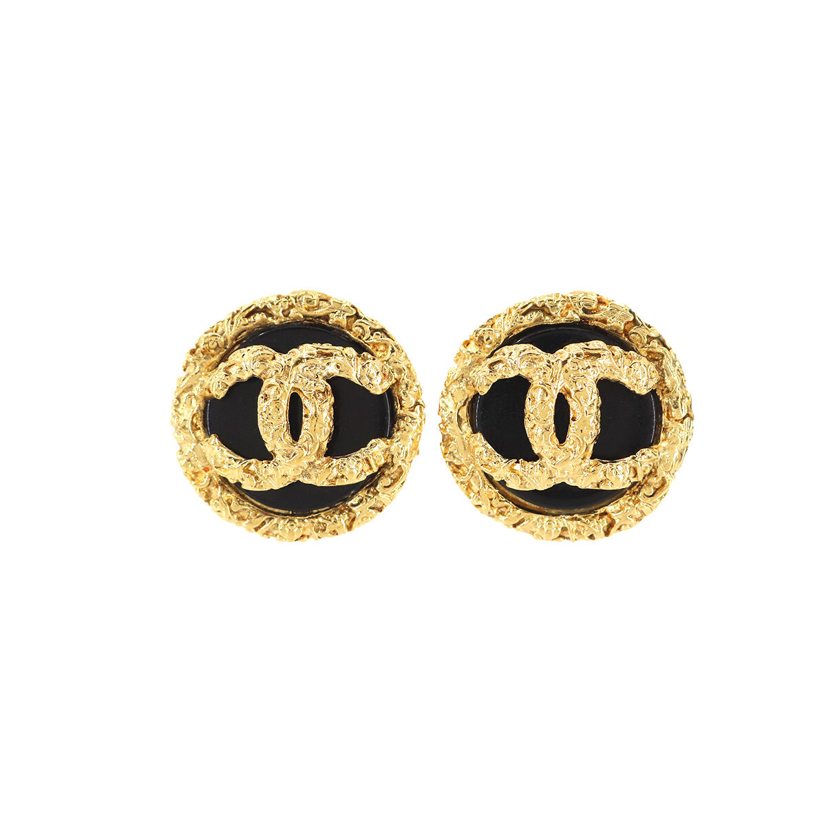 CHANEL Round type Coco Logos Earrings Gold Black 93P … - Gem