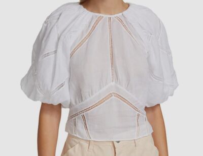 $329 Frame Women's White Inset Lace Gathered Seam Round-Neck Blouse Top ...