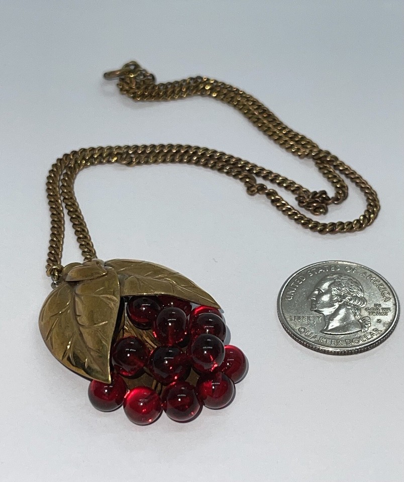 Art Deco Blood Red Czech Glass Grapes on Vine Dark Goldtone Pendant ...