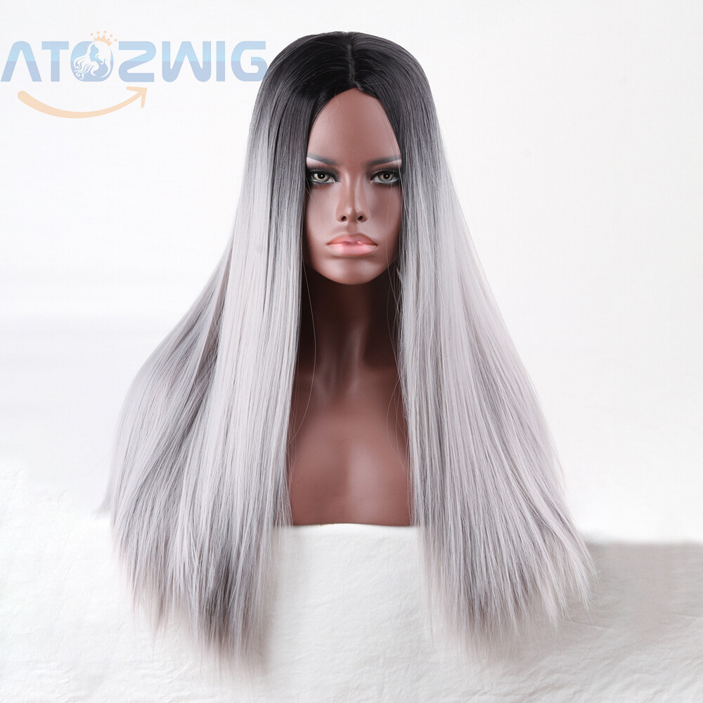 Ombre Wig Silver Gray Long Wavy Wigs for Women Middle Parting Long ...