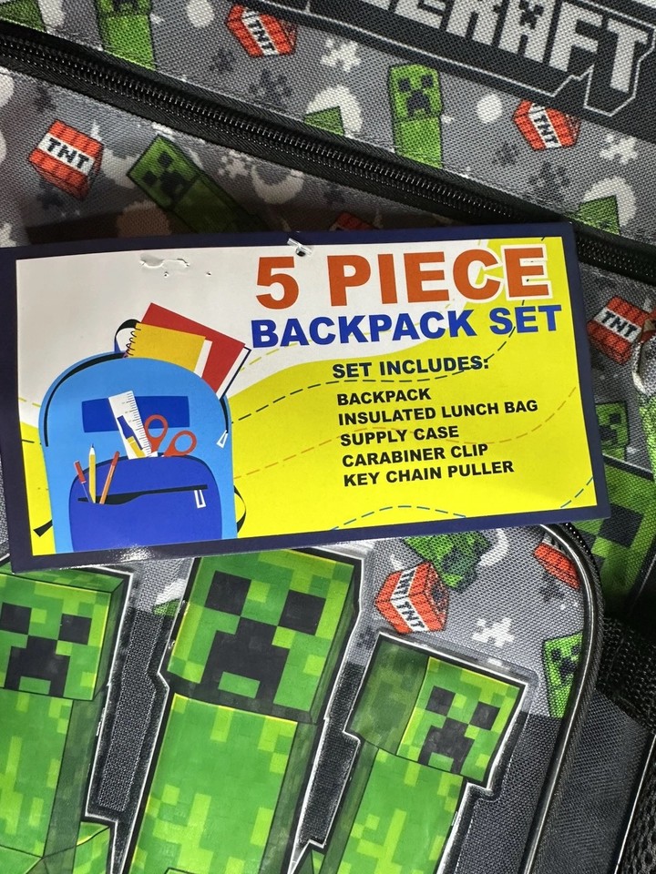 Minecraft 5 Piece Backpack Set Creeper Bioworld Lunch Box, Keychain ...