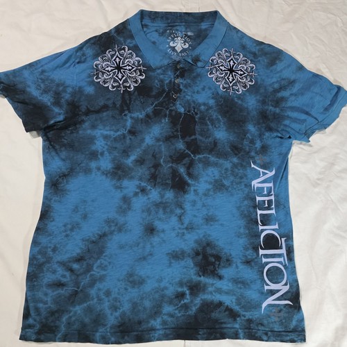 Affliction Polo Shirt Mens 3XL Live Fast Tribal Cross Blue Tie Dye ...
