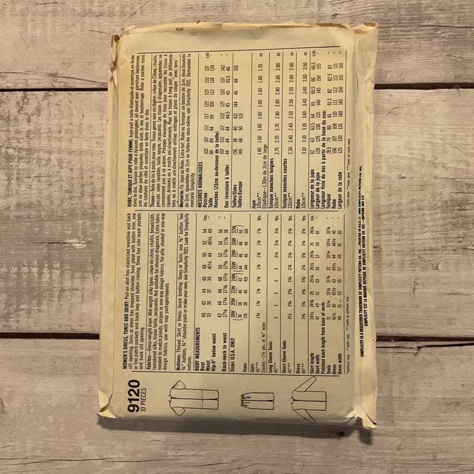 Simplicity 9120 Sewing Pattern Dress Tunic Top Straight Skirt Size 18W ...