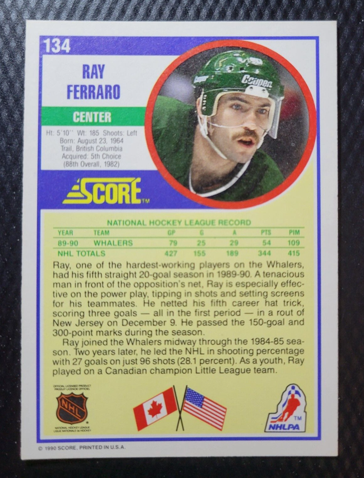 1990-91 Score American RAY FERRARO Hartford Whalers Hockey NHL Card ...