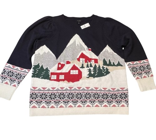 Talbots Plus Size 2X Holiday Scene Puff Sleeve Crewneck Sweater Fair ...