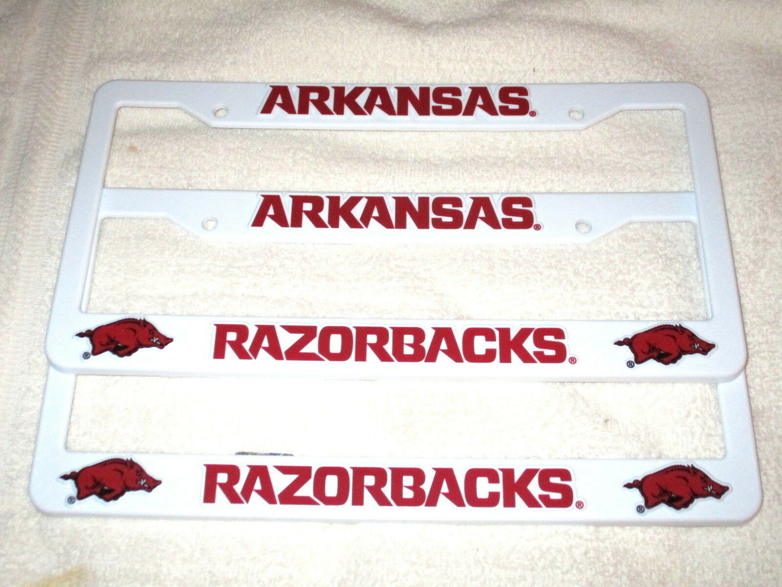 TWO (2) ARKANSAS RAZORBACKS EMBOSSED LICENSE PLATE FRAMES #3b - NEW | eBay