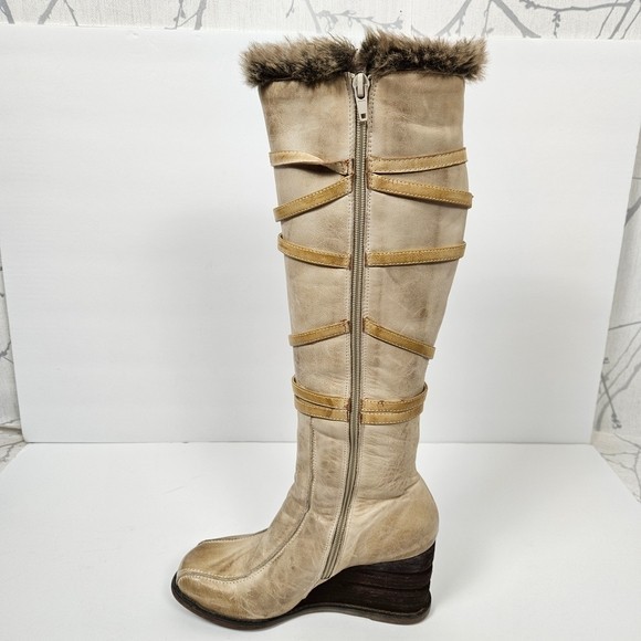 Miz Mooz Beige Leather Faux Fur Knee High Birdie Wedge Heel Boots ...