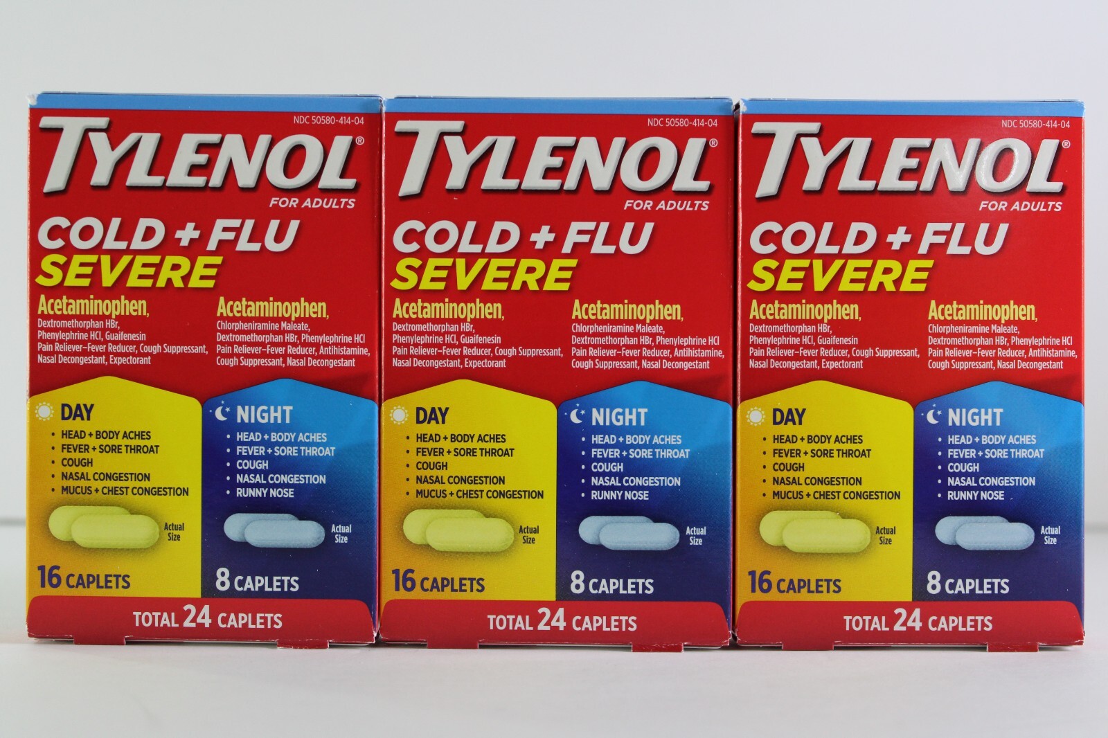 TYLENOL (3 Boxes) Cold + Flu Severe Day 16 Caps/ 8 Night Caplets Ea BB ...