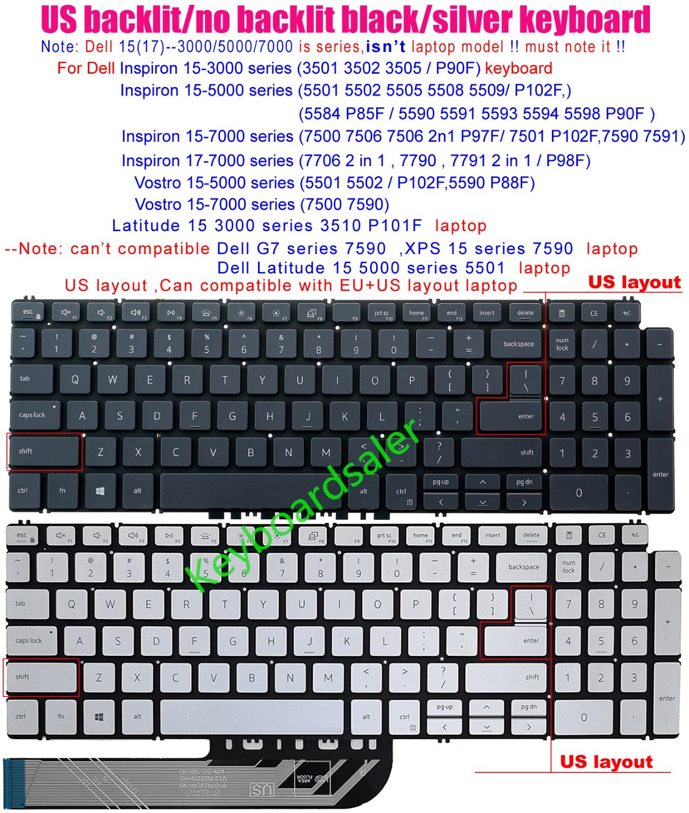 New US Keyboard for Dell Inspiron 17-7790 7706 2n1 7791 2n1 P98F 15 ...