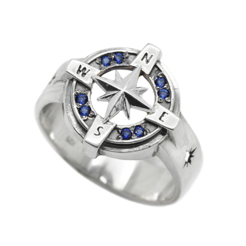 0.12CT CZ Men's Wind Rose Compass Beautiful 935 Silver Signet Antique ...