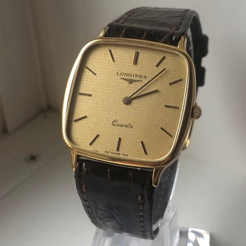 LONGINES Square Watch Quartz Gold Brown Leather Mens Swiss Made Battery ...
