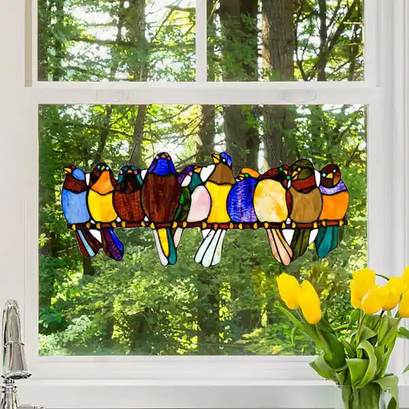Multi Stained Glass Birds on a Wire Window Panel Handcrafted w ...
