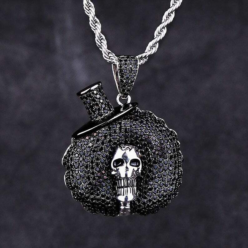 Blinged Black Afro Skull Design With Dark Black Onyx Hip-Hop Rappers ...