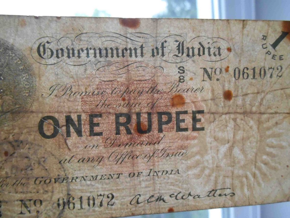 India 1917-1930 Banknote 1 Rupee with postal stamp. P-1b. King George V ...