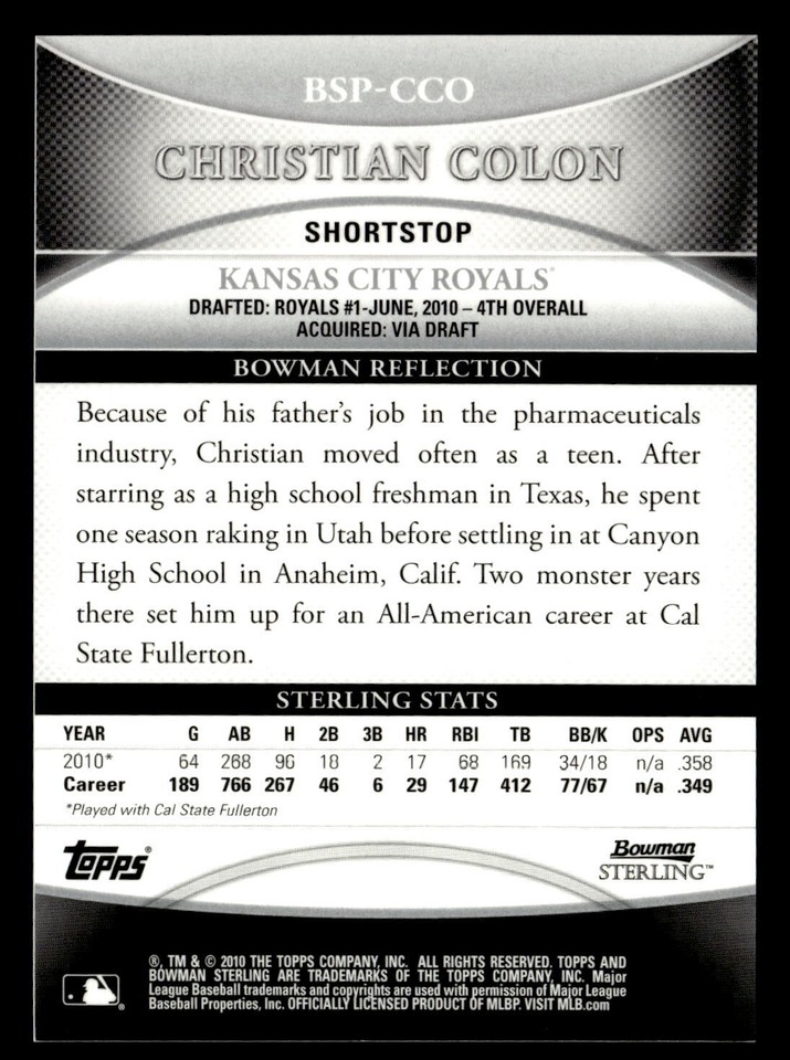 2010 Bowman Sterling #BSP-CCO Christian Colon Prospect Autographs | eBay