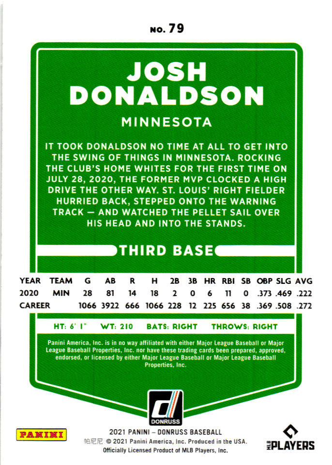 2021 Donruss #79 Josh Donaldson Minnesota Twins Baseball | eBay