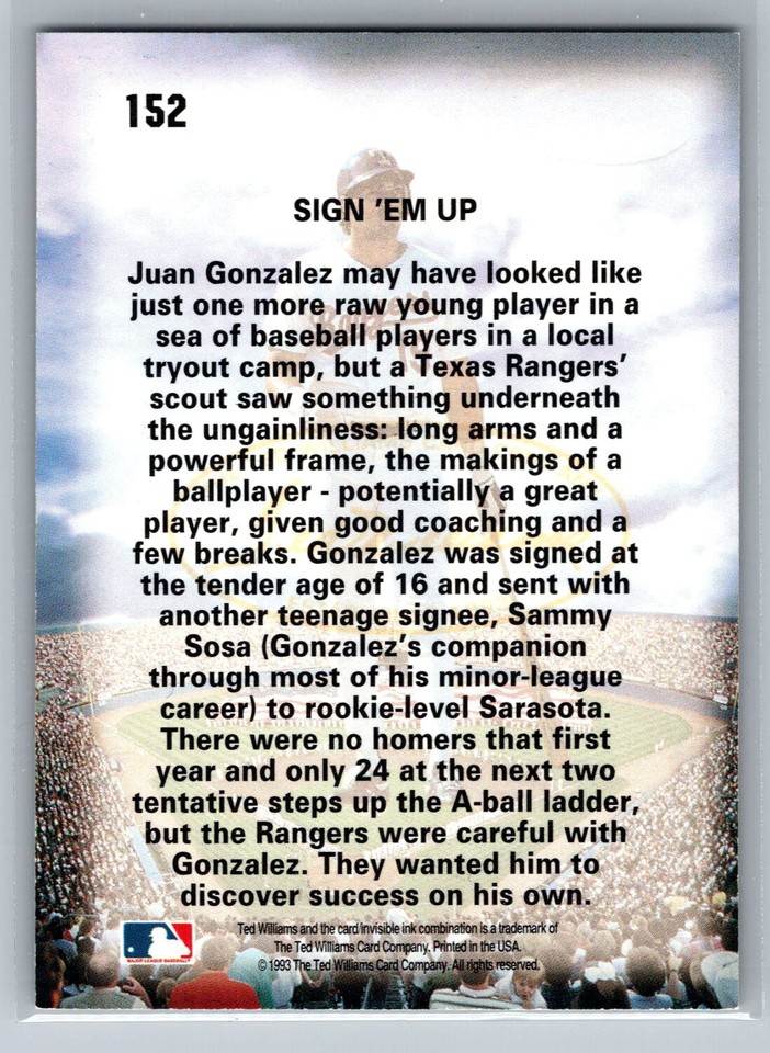 Juan Gonzalez 1993 Ted Williams Dawning of a Legacy #152 Texas Rangers ...