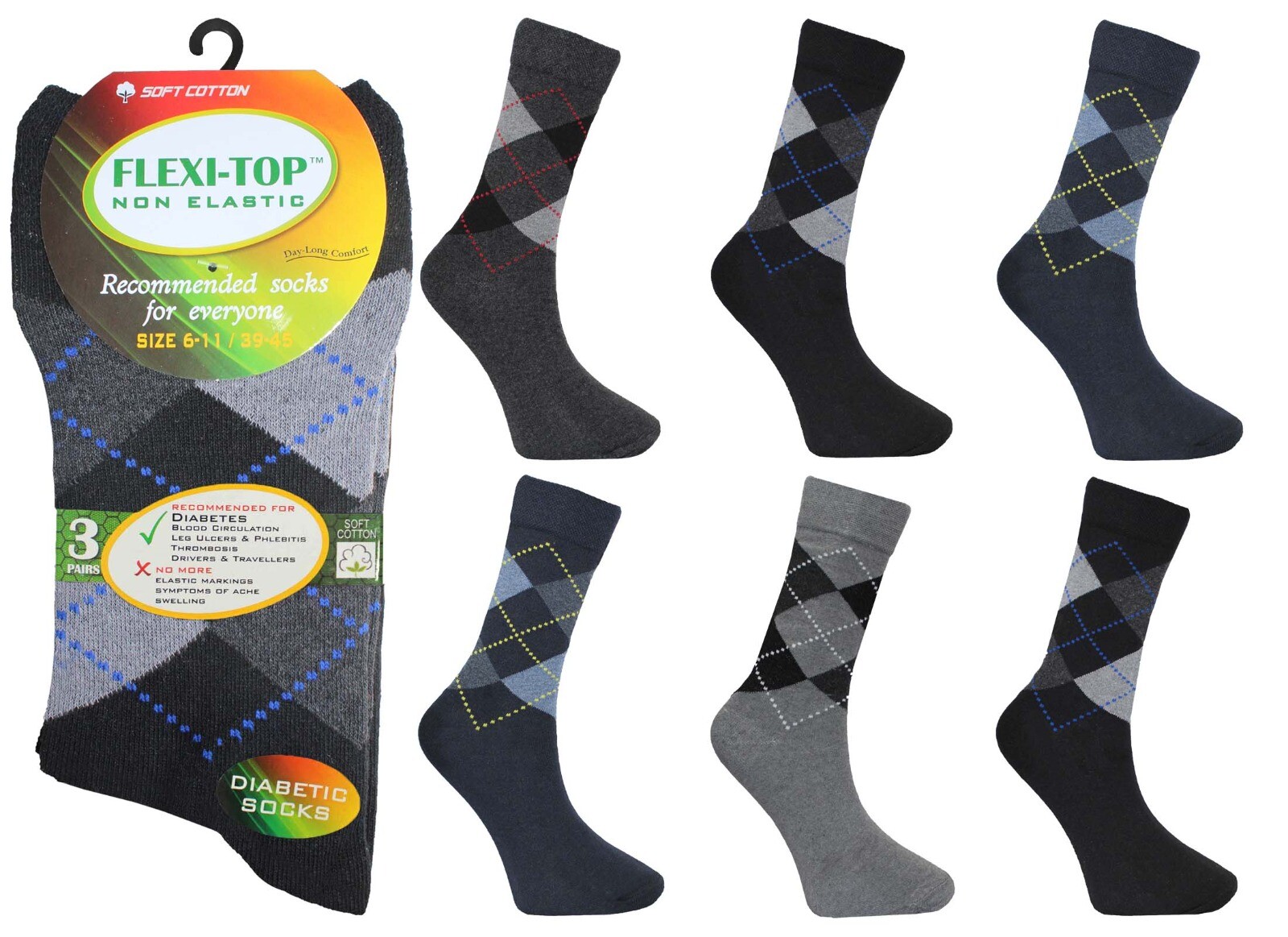 Men Socks Cotton Rich Flexi Loose Soft Top Non Elastic Diabetic Socks 6 ...