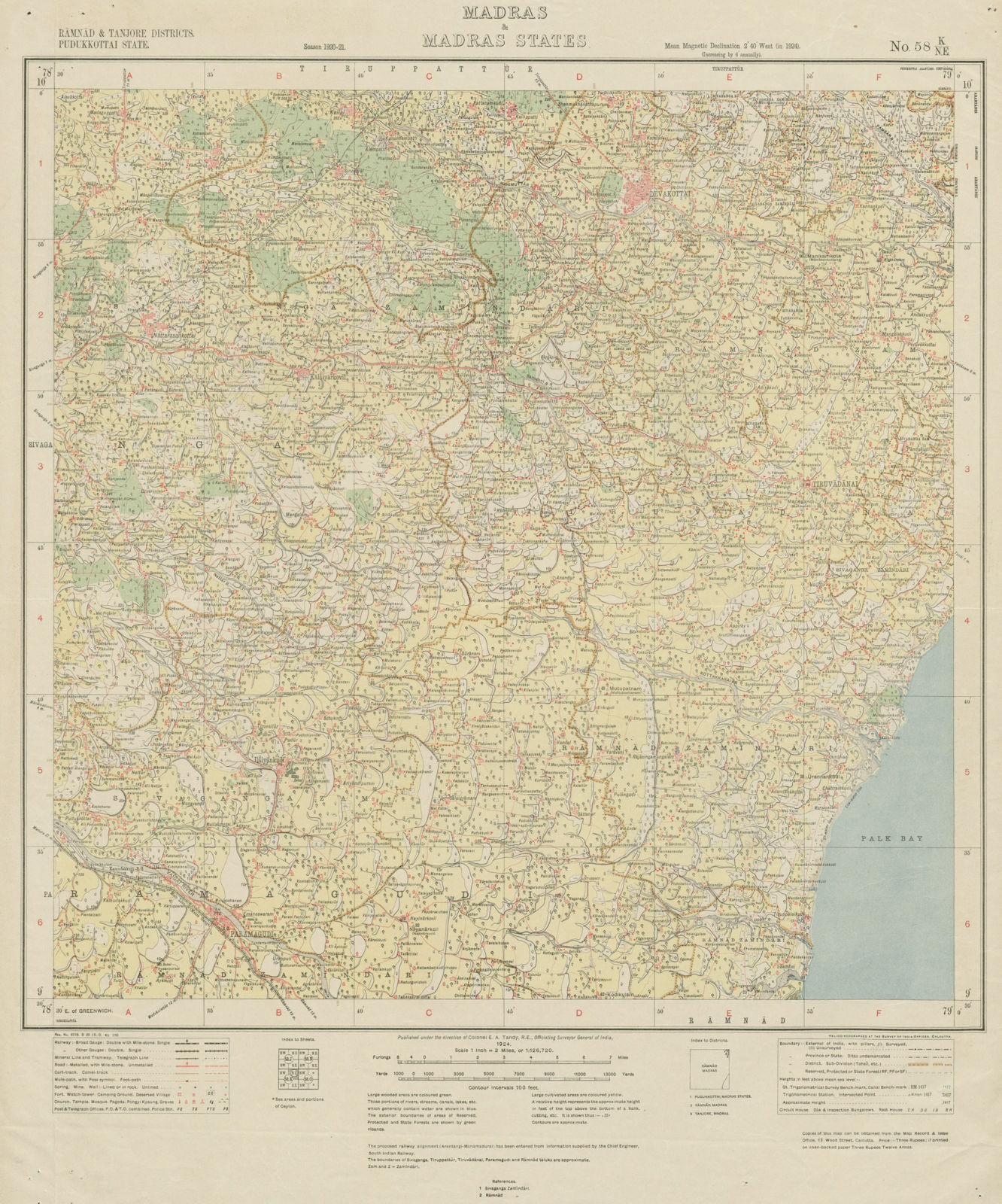 SURVEY OF INDIA 58 K/NE Tamil Nadu Devakottai Paramakudi Palk Bay 1924 ...