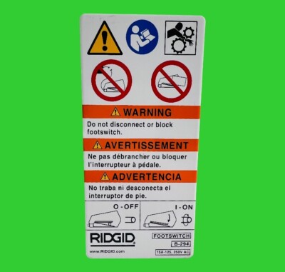 RIDGID 36667 ALUMINUM B-294 FOOTSWITCH WARNING PLATE (B294) | eBay