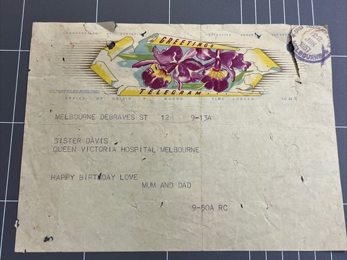 VINTAGE TELEGRAM MELBOURNE SISTER DAVIS QUEEN VICTORIA HOSPITAL 1957 ...