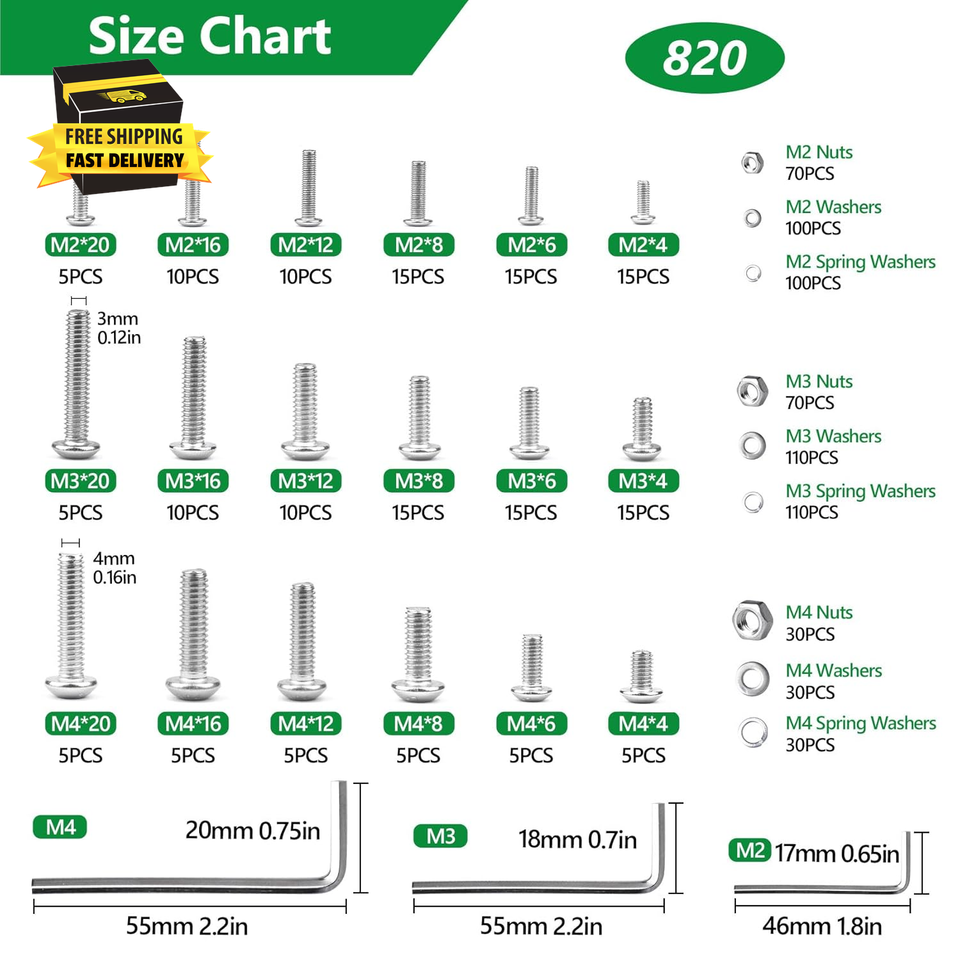 820PCS Screws and Nuts, M2 M3 M4 Metric Bolts and Nuts Assortment, 304 ...