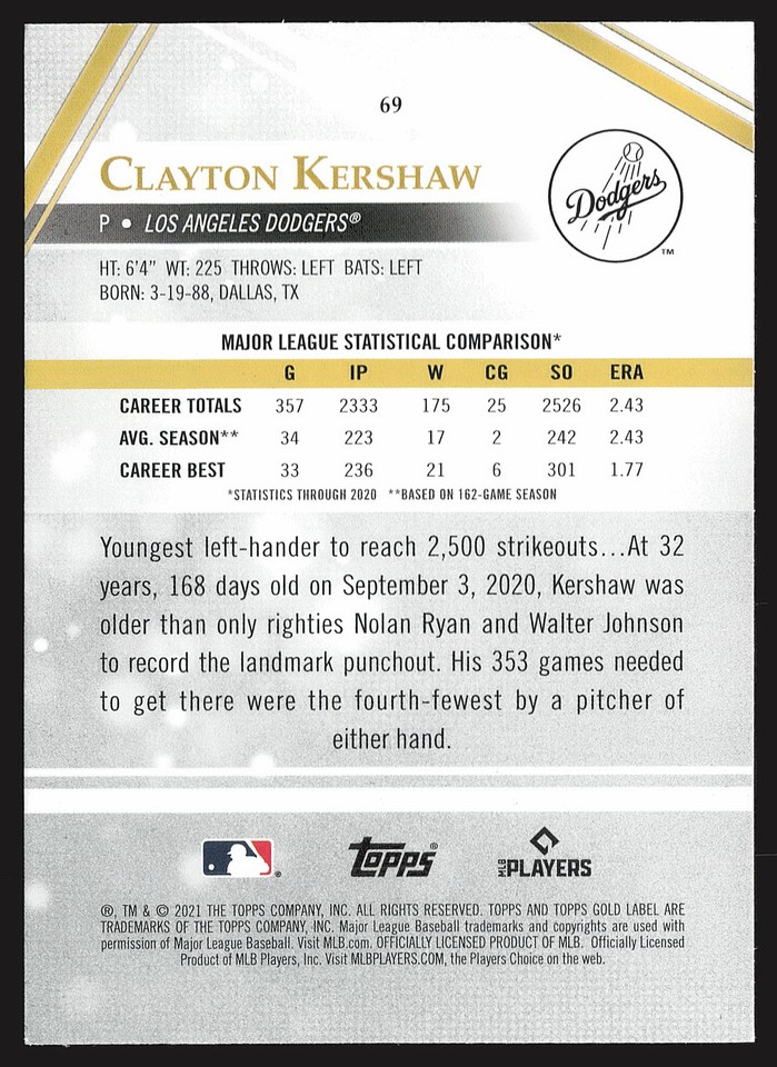 2021 Topps Gold Label #69 Clayton Kershaw | eBay