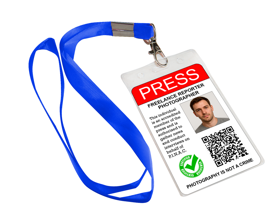 PERSONALISED PRESS PASS PINAC ID QR CODE Photographer Card Media ...