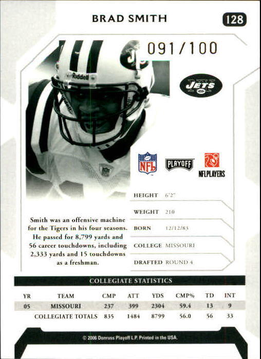 2006 Playoff NFL Playoffs Gold Proof Jets Football Card #128 Brad Smith ...