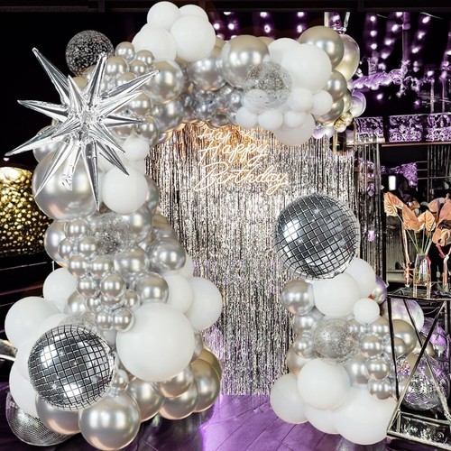 ECEAE Disco Party Balloon Garland Arch Kit 134 Pcs Metallic Silver ...