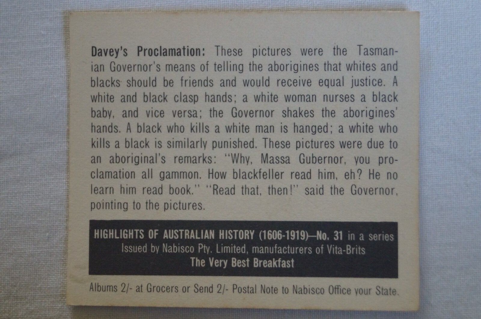 Australian History Highlights Nabisco Vintage 1964 Card Davey's ...