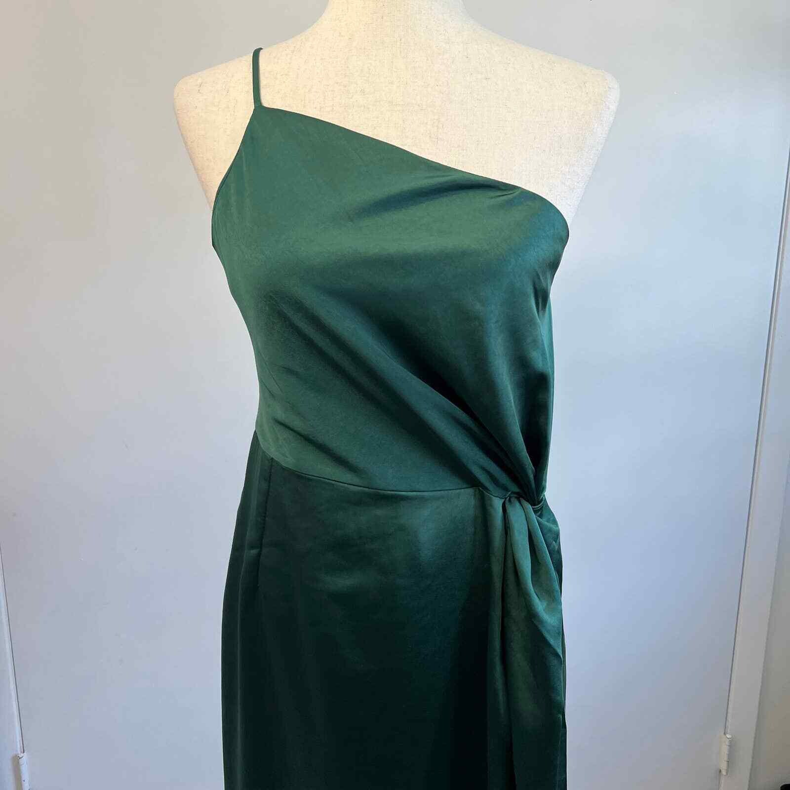 O.P.T. One Shoulder Satin Ivy Midi Dress High Slit Green L Stretch NWT ...